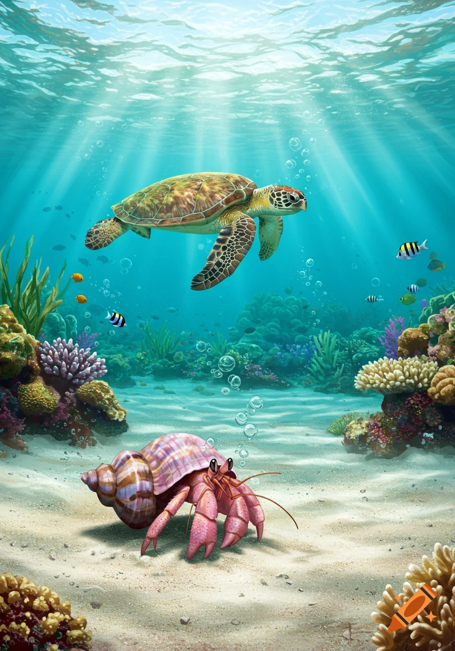 An illustration of a sea turtle swimming above a hermit crab on the ...