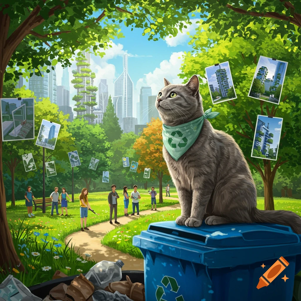 An illustration of a large grey cat sitting on a blue recycling bin in ...