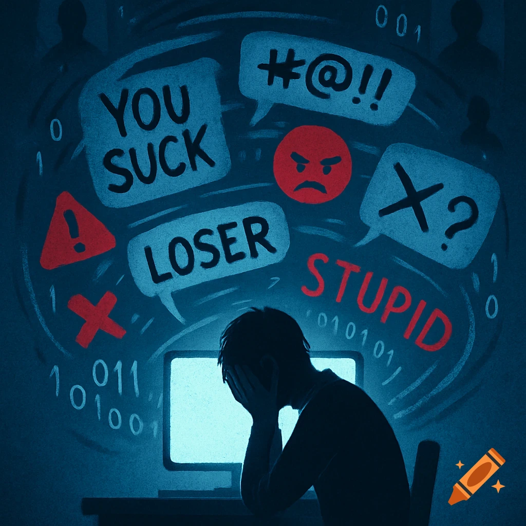 Illustration of a person hunched over a computer, surrounded by ...