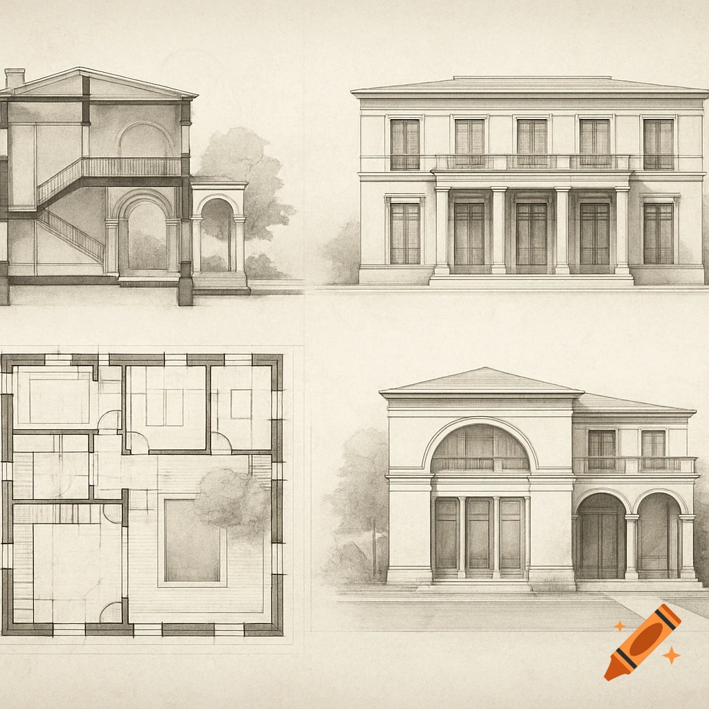 Pencil sketch of architectural drawings for a house, including a ...