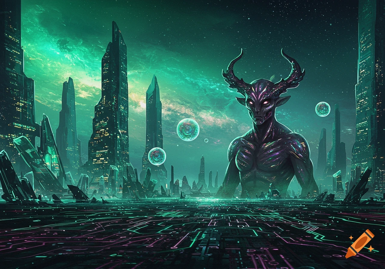 A horned alien creature stands in a vibrant neon cyberpunk city with ...