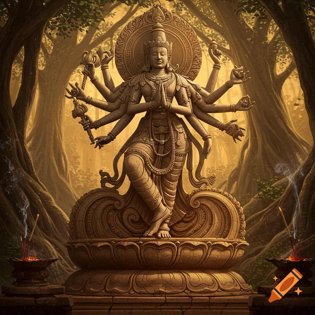 A detailed stone sculpture of a multi-armed Hindu deity on a lotus base ...