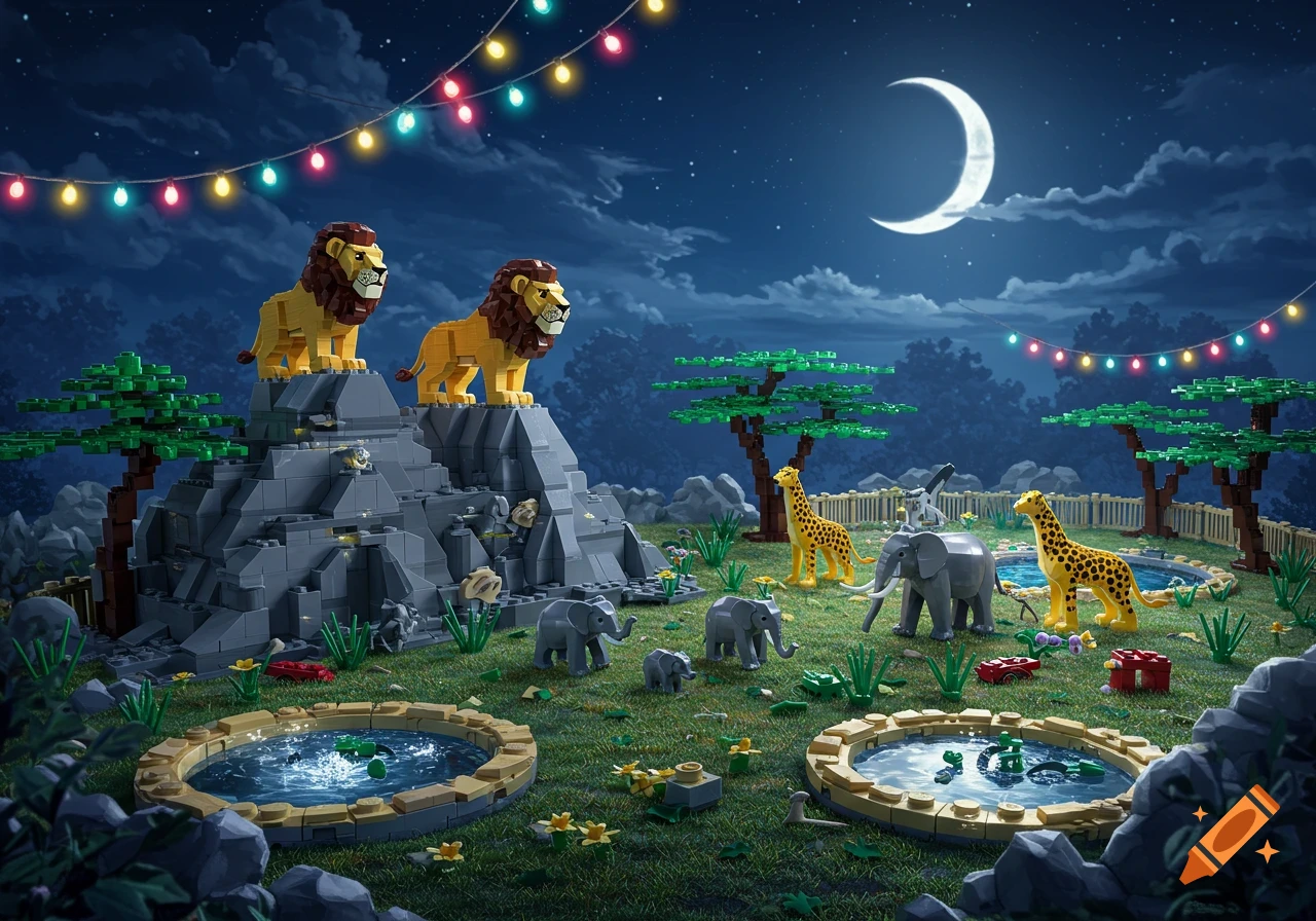 A colorful Lego creature stands in a lush green forest with a waterfall ...