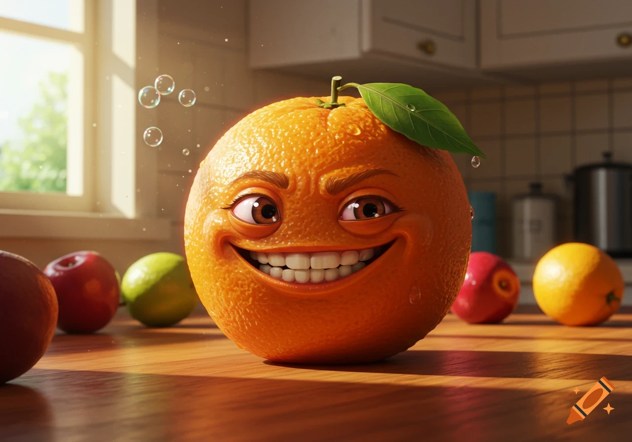 A 3D animated orange with a wide smile and human eyes sits on a wooden ...
