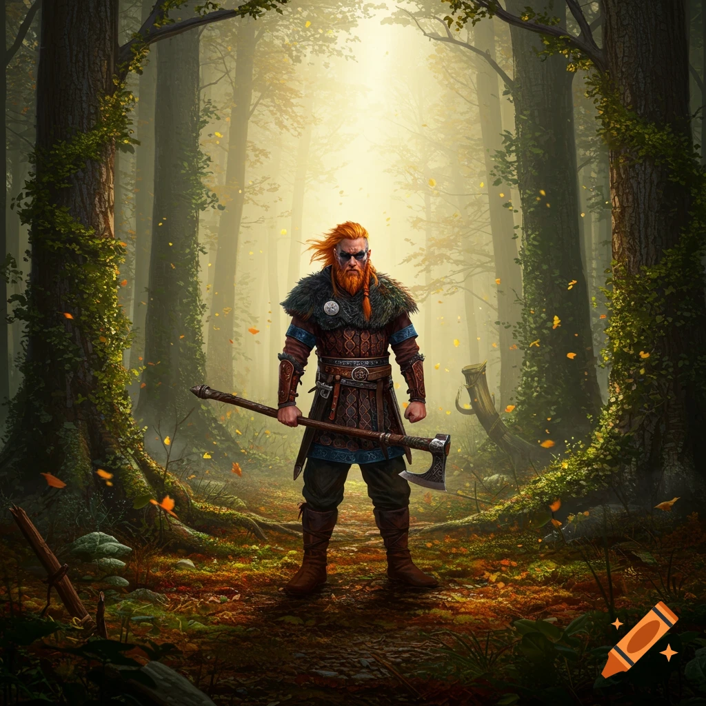 A red-haired, bearded viking warrior in leather and fur armor stands ...