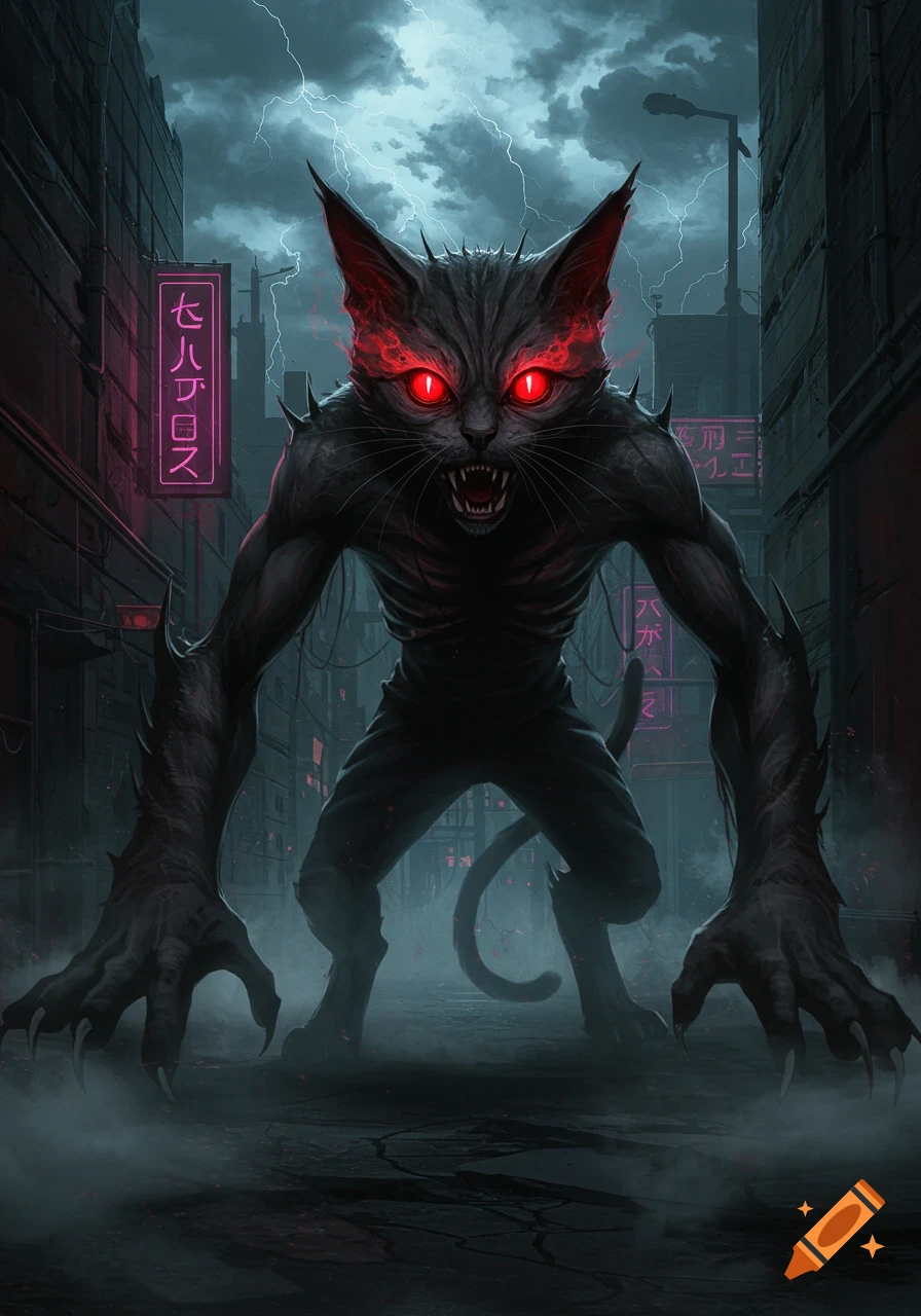 A monstrous dark cat-like creature with glowing red eyes and sharp ...
