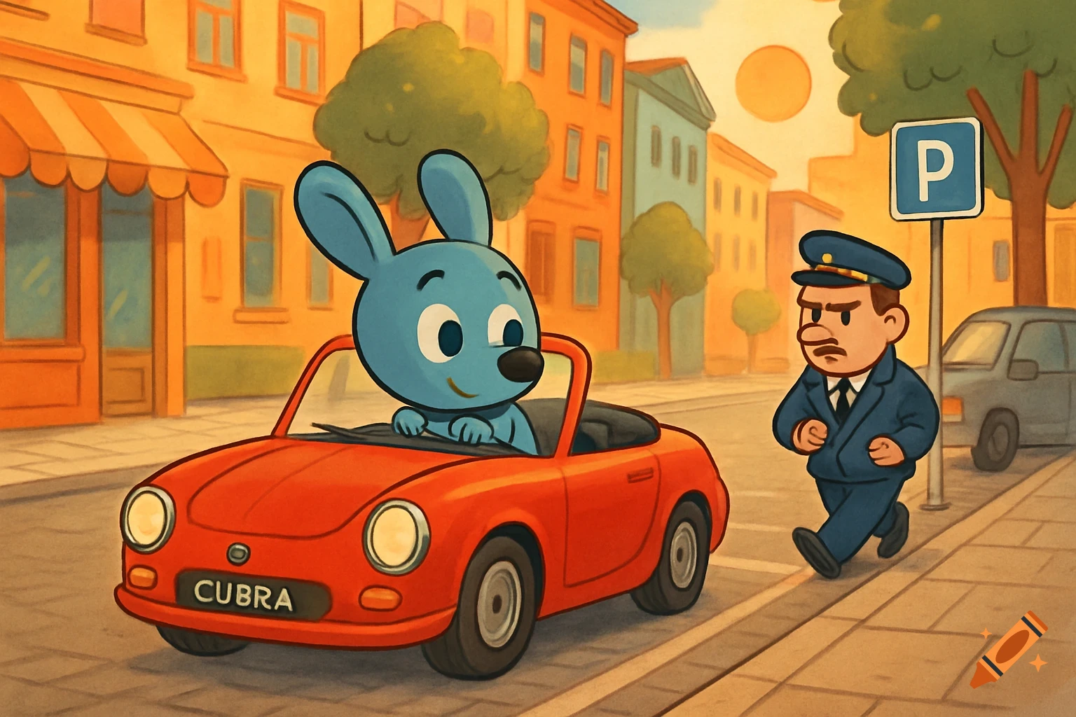 Cartoon police officers arrest an anthropomorphic mango next to a ...