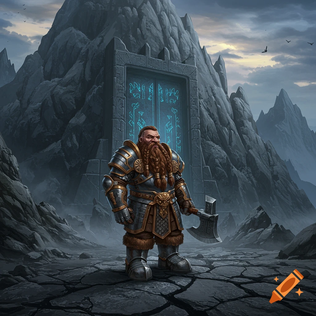 A dwarf warrior in detailed armor holding an axe stands before a giant ...