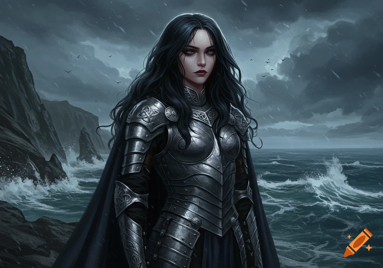 A gothic anime girl with red eyes and a black cape stands on a stormy ...