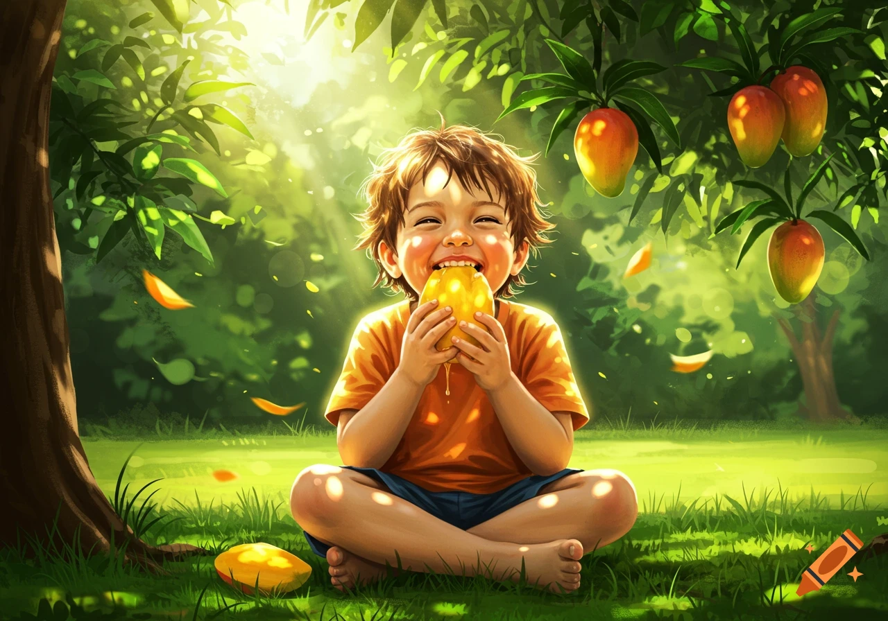 A happy child in an orange shirt sits cross-legged under a mango tree ...