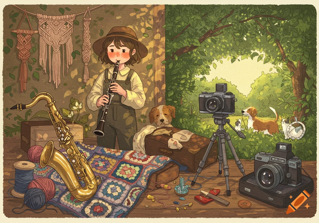Cartoon illustration of Snufkin playing trumpet under a tree, with ...