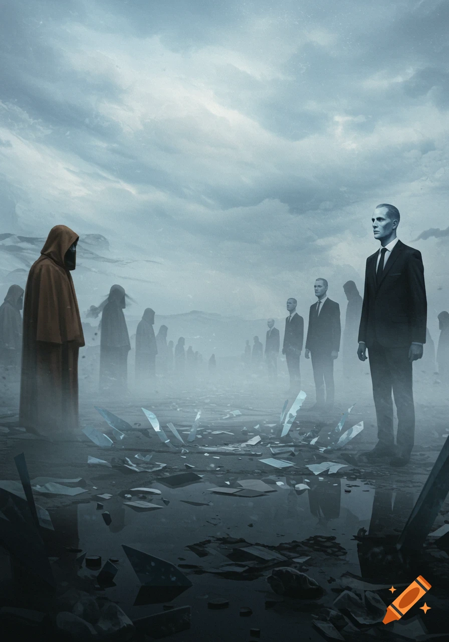 A painting of three solemn men's faces above a glowing book titled "The ...