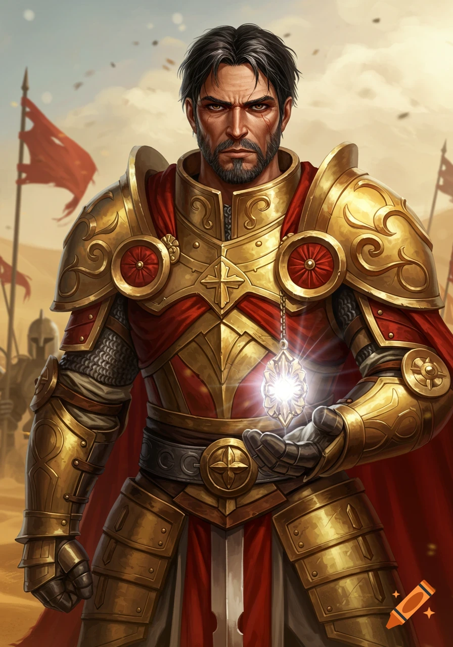 A stern general in ornate gold and red armor holds a glowing white ...