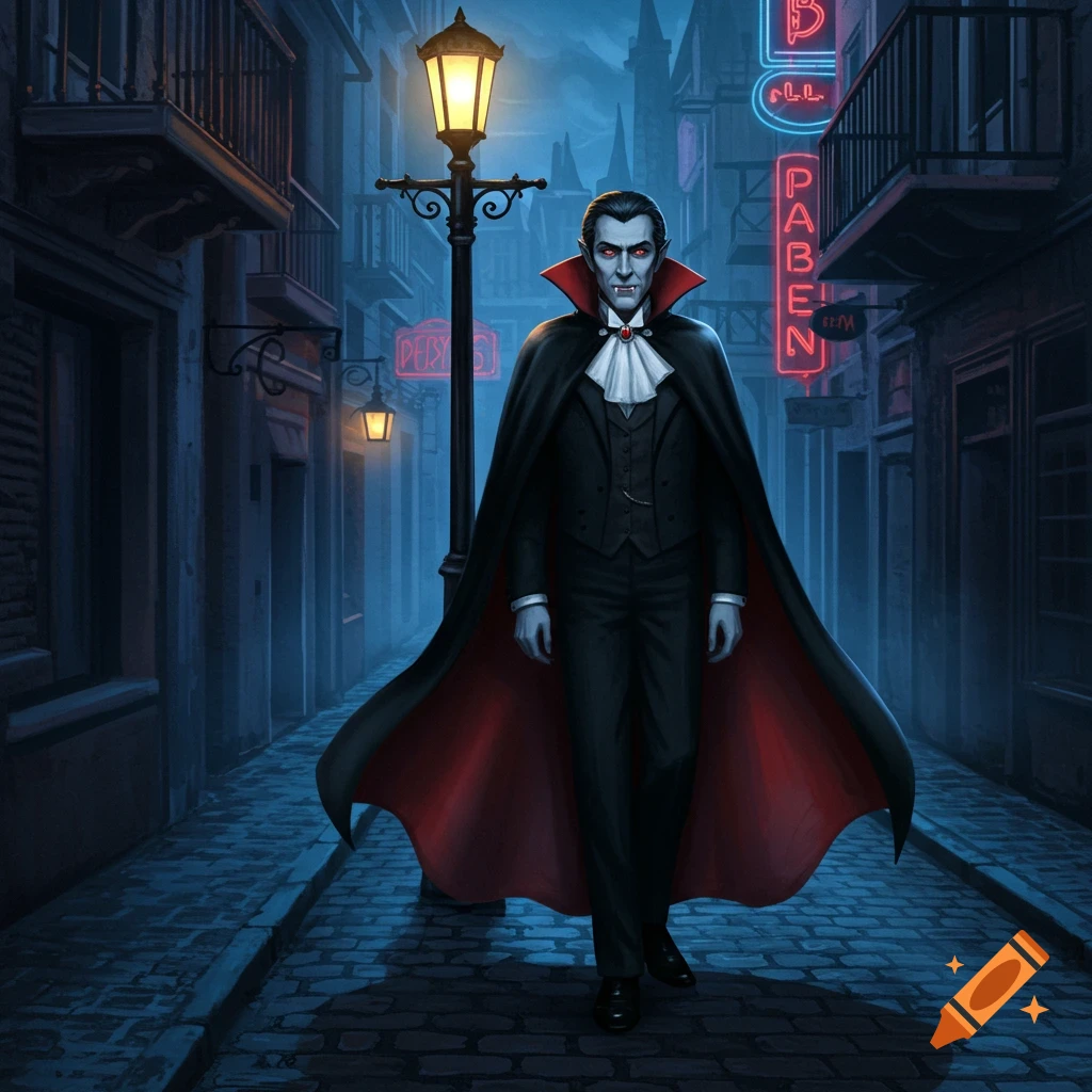 A vampire in a black suit and red-lined cape stands on a dark, cobbled ...