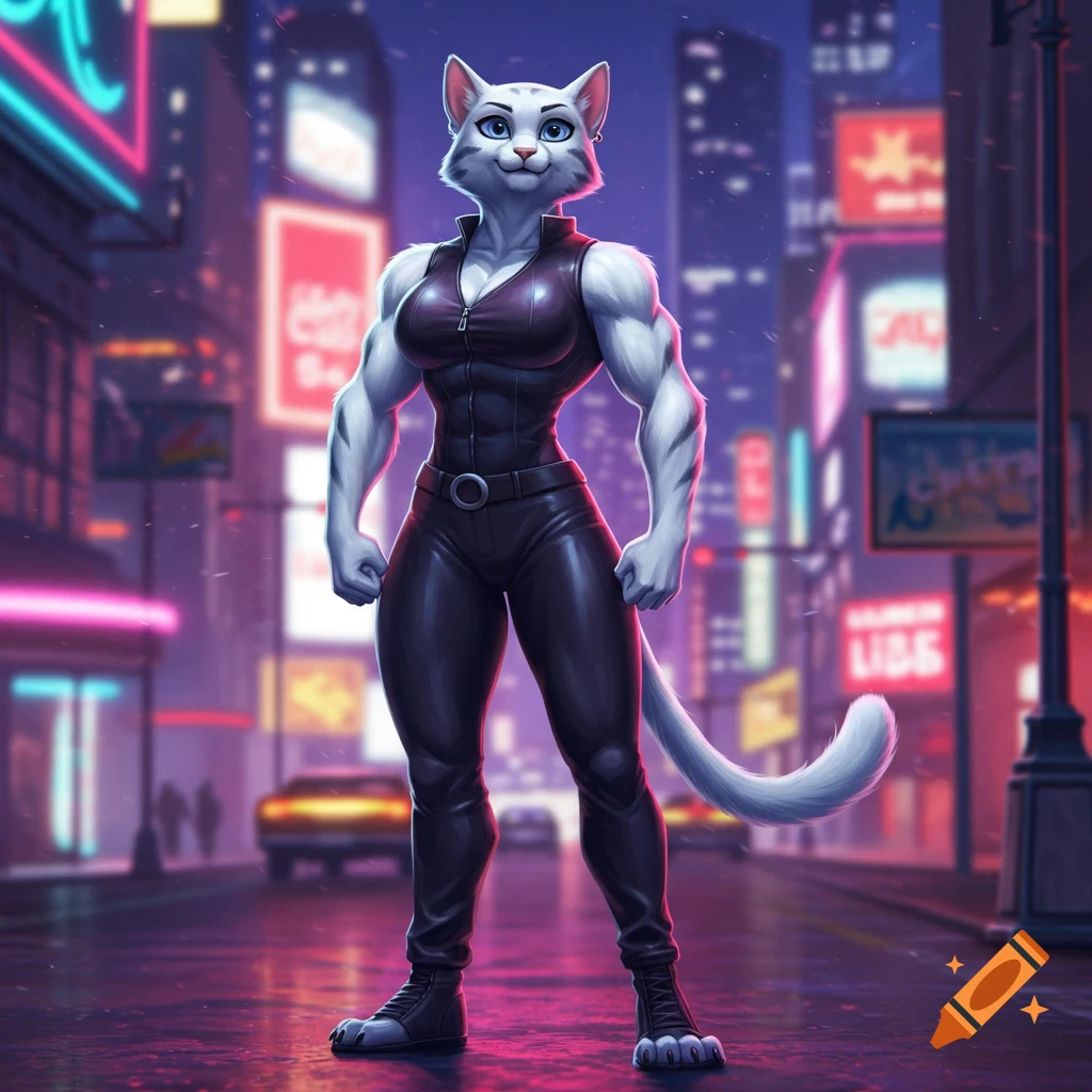 A muscular anthropomorphic bengal cat in a futuristic blue and black ...