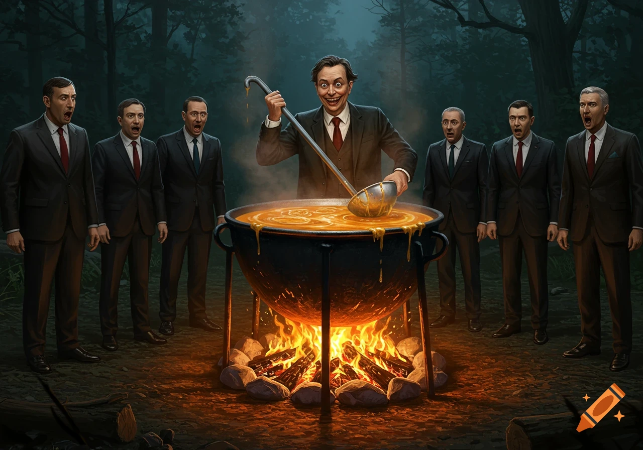A smiling, evil-looking manager stirs a large cauldron over a campfire ...