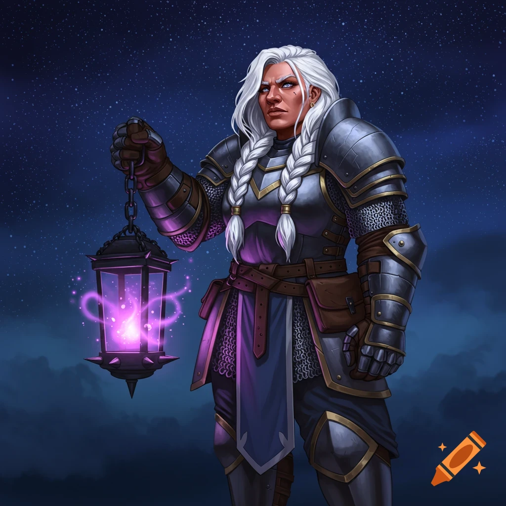 Female dwarf cleric with white braided hair in chainmail armor, holding ...