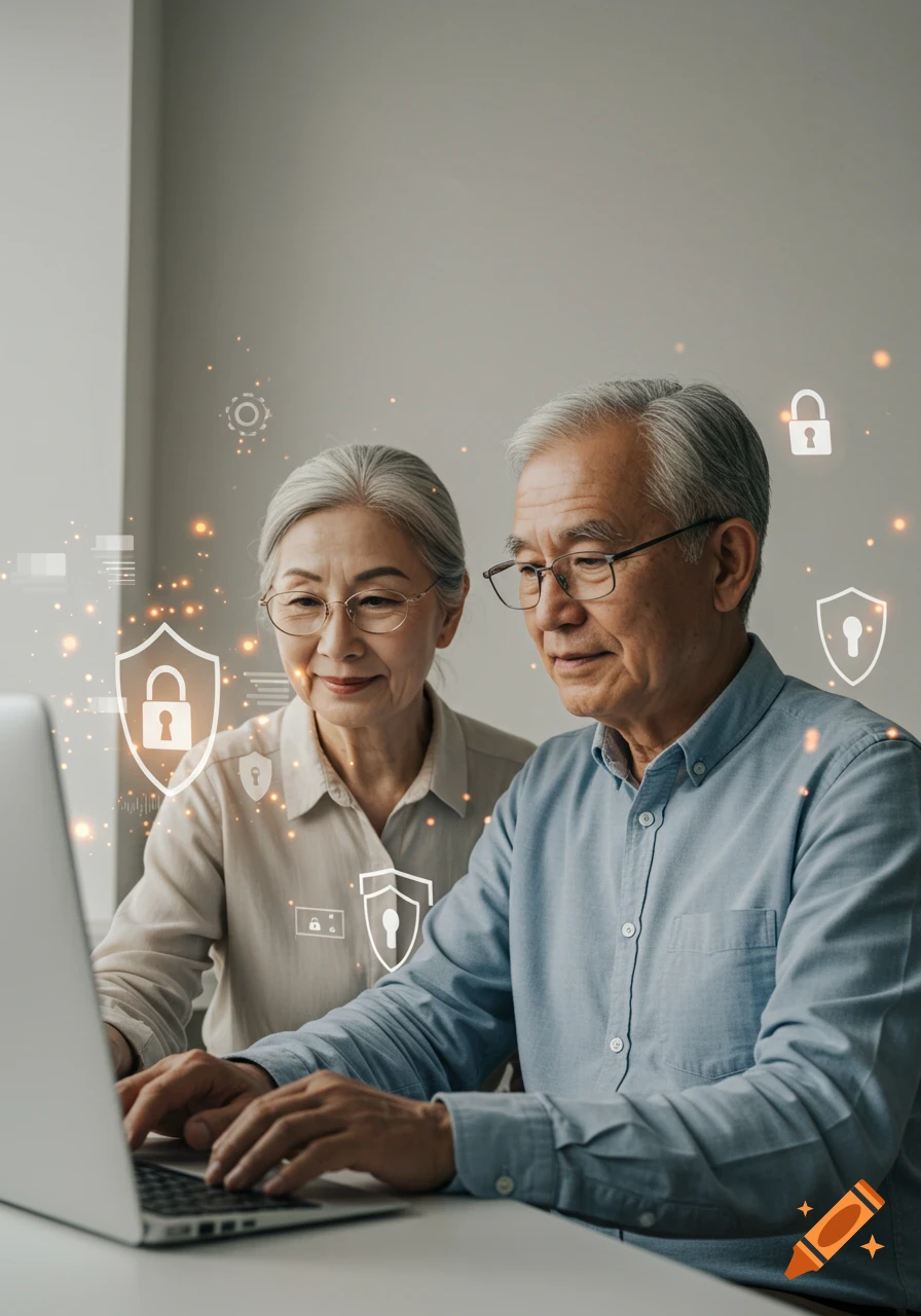 An elderly Asian couple uses a laptop, surrounded by glowing ...
