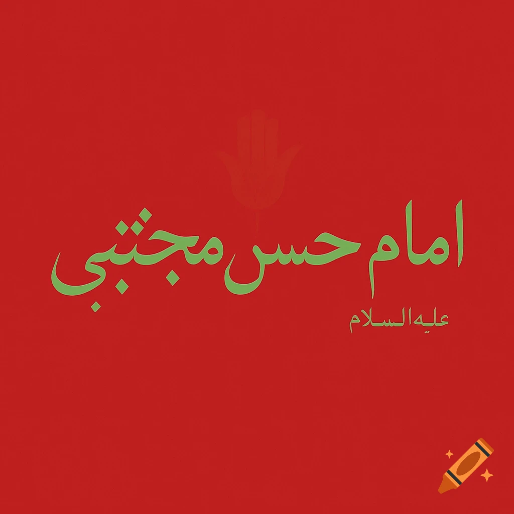 Red background with green Arabic calligraphy for "Imam Hassan Mojtaba ...