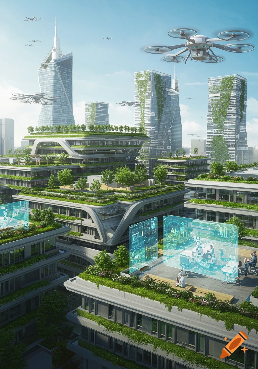 A futuristic university campus with green rooftop gardens on modern ...