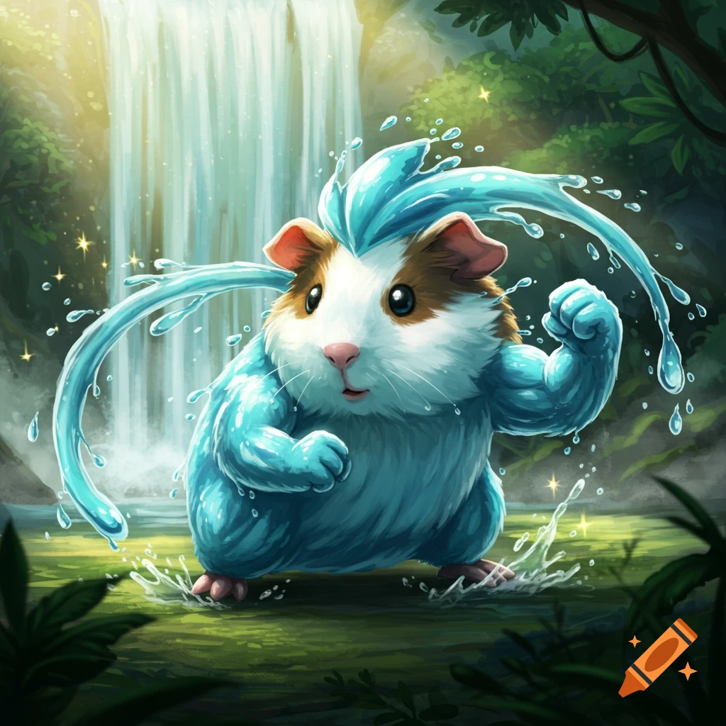 An illustrated water-fighting type guinea pig Pokemon with water for ...