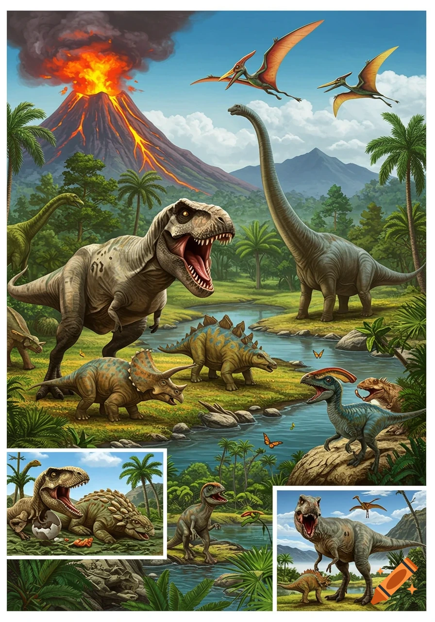 Vibrant illustration of various dinosaurs including T-Rex ...