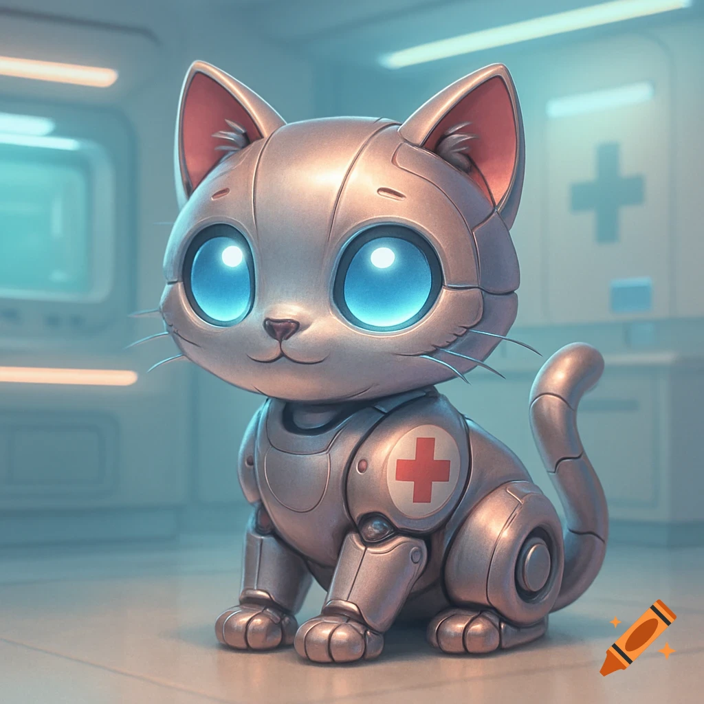 A cute metallic kitten robot with glowing blue eyes and a red first aid ...