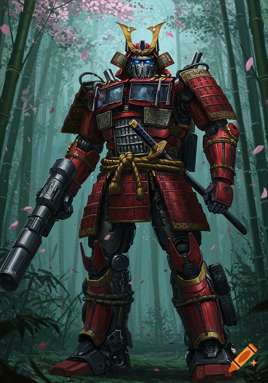 Optimus Prime in red samurai armor with a katana and a gun, standing in ...