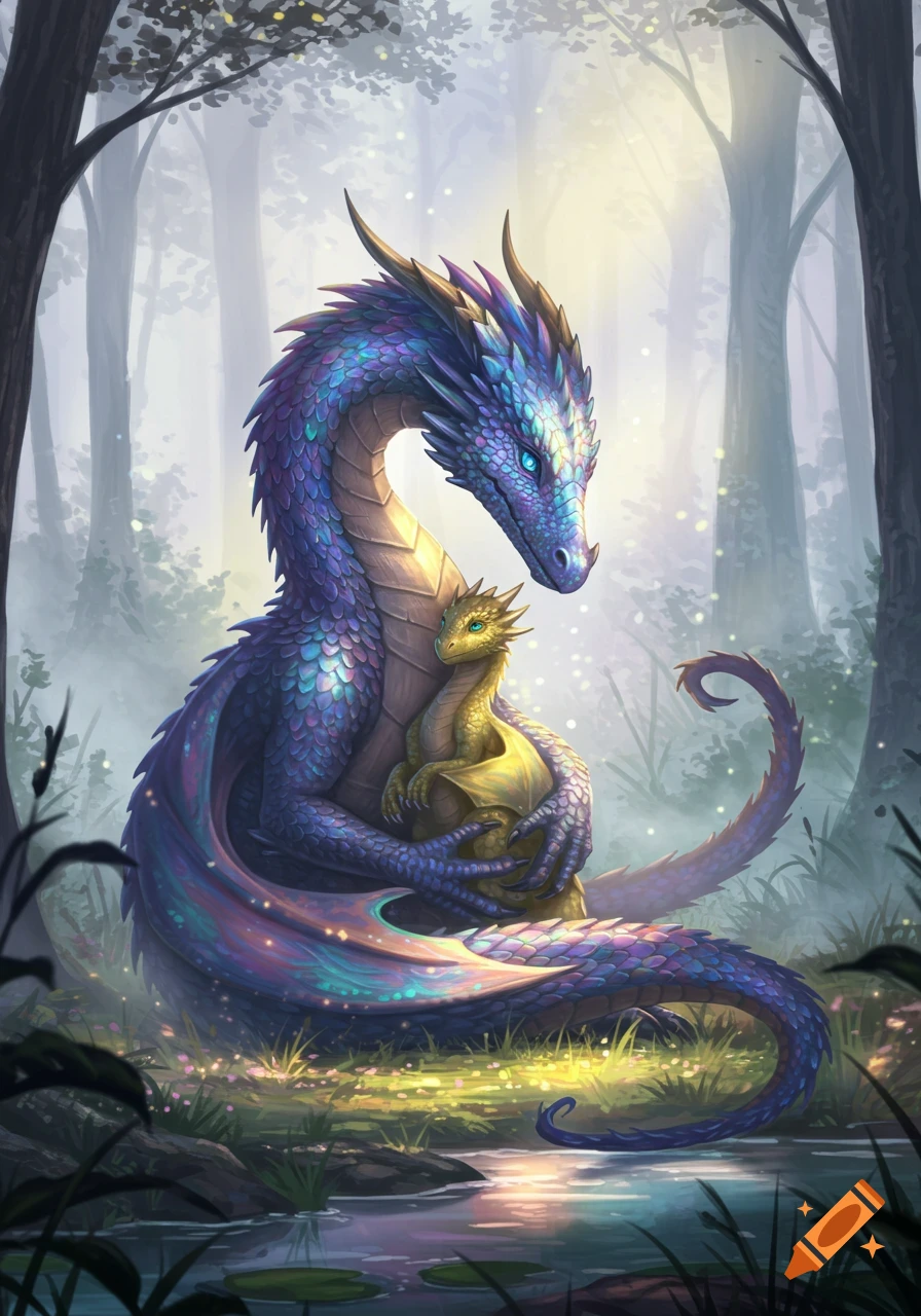 A large iridescent blue and purple dragon cradles a small golden baby ...