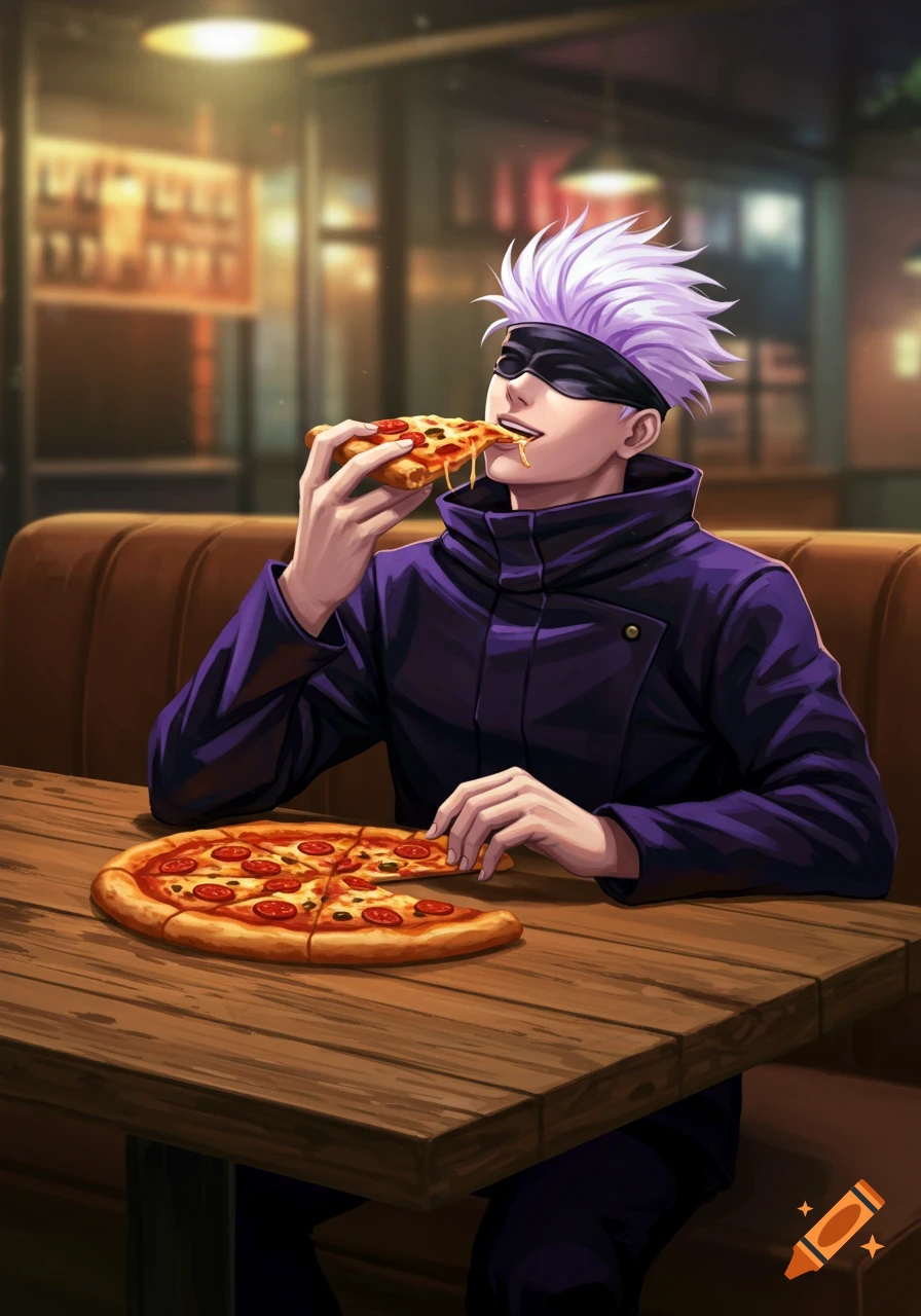 Anime character Gojo Satoru wearing a blindfold eats a slice of ...