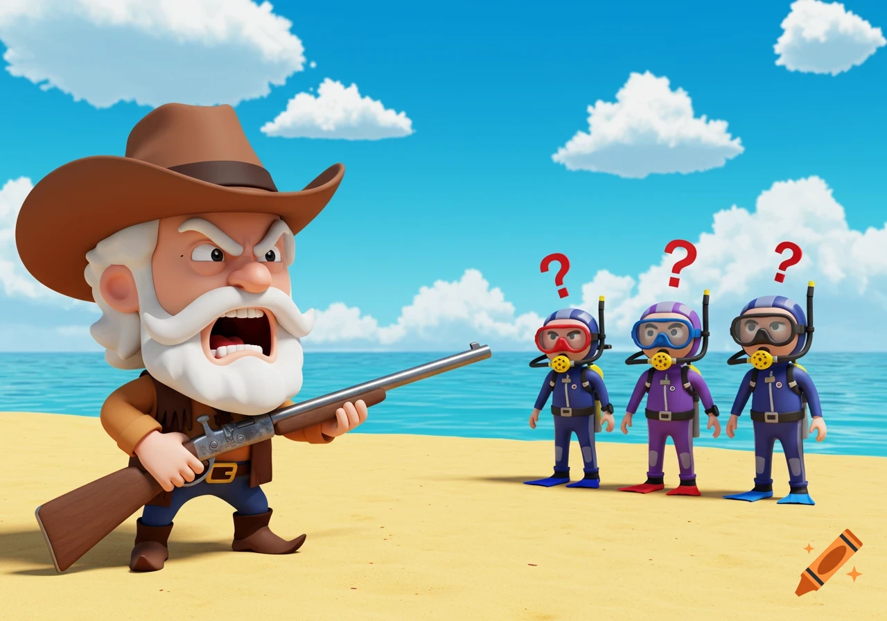 A 3D cartoon man in a cowboy hat and beard yells with a rifle at three ...