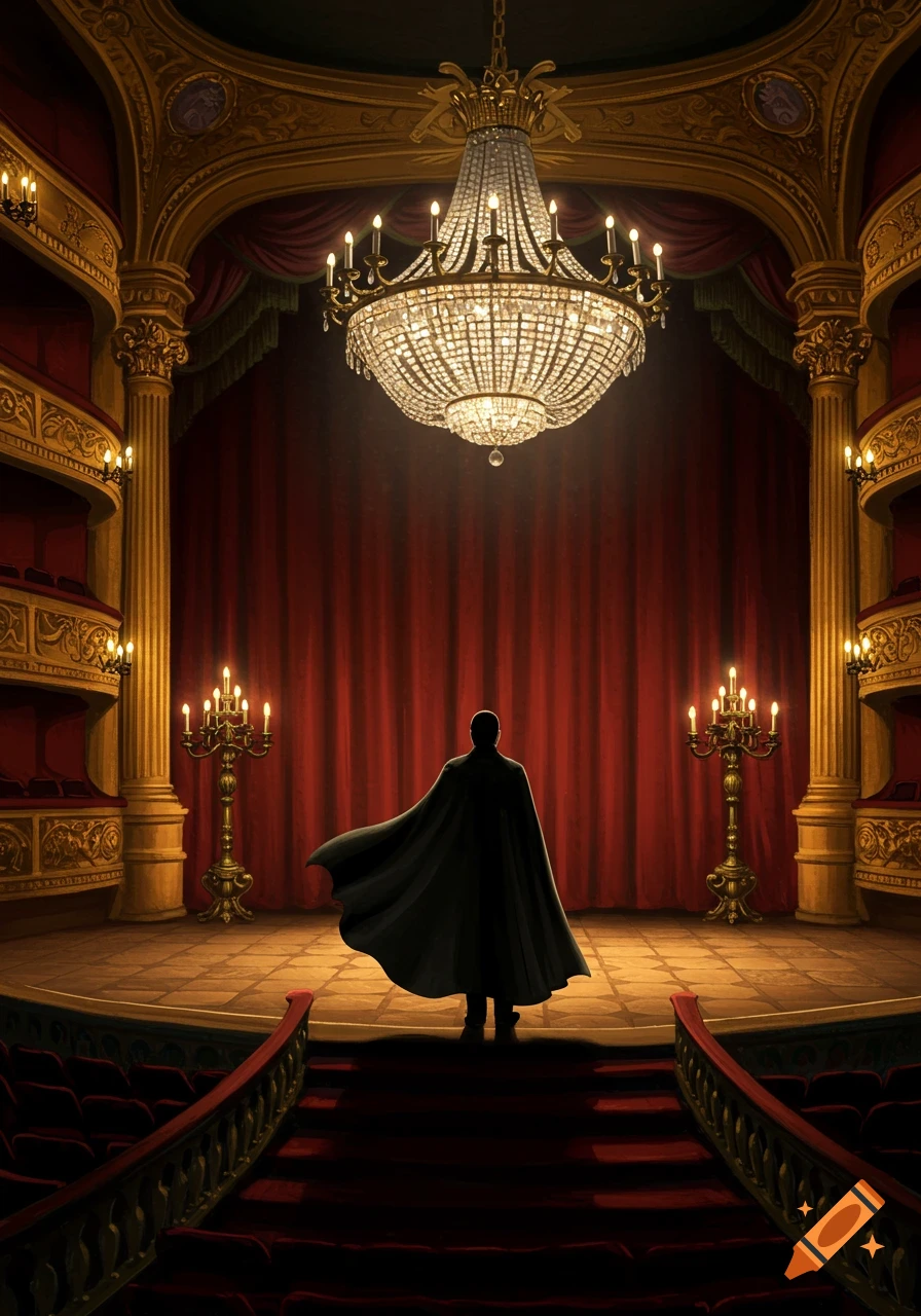 A figure in a dark cape stands on a grand, ornate opera stage under a ...