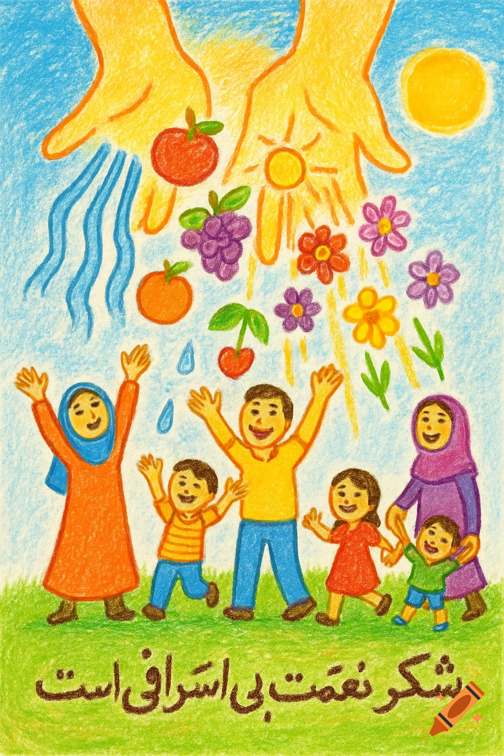 A colorful crayon drawing of glowing hands in the sky blessing a happy ...