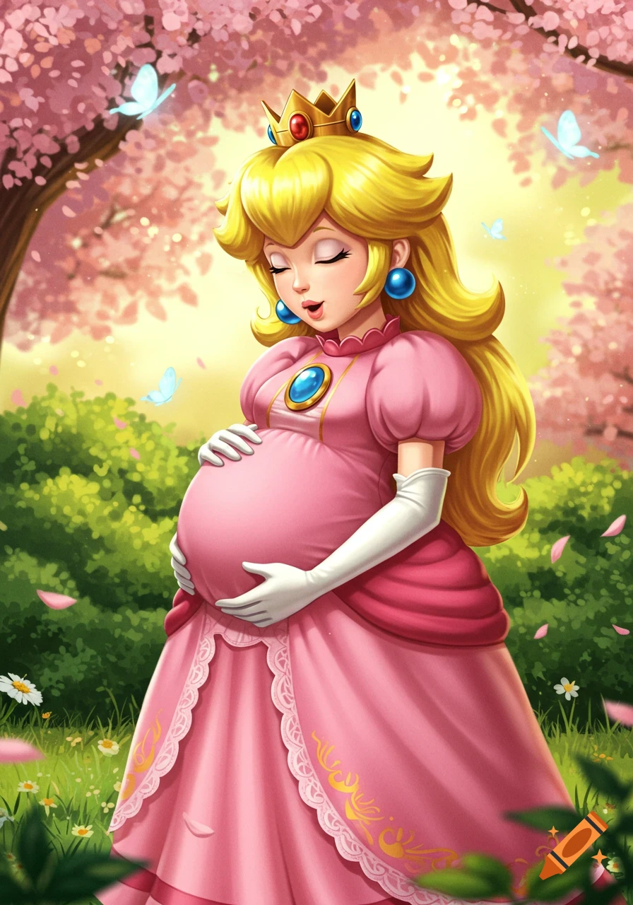 Cartoon Princess Peach with a large pregnant belly, gently holding it ...