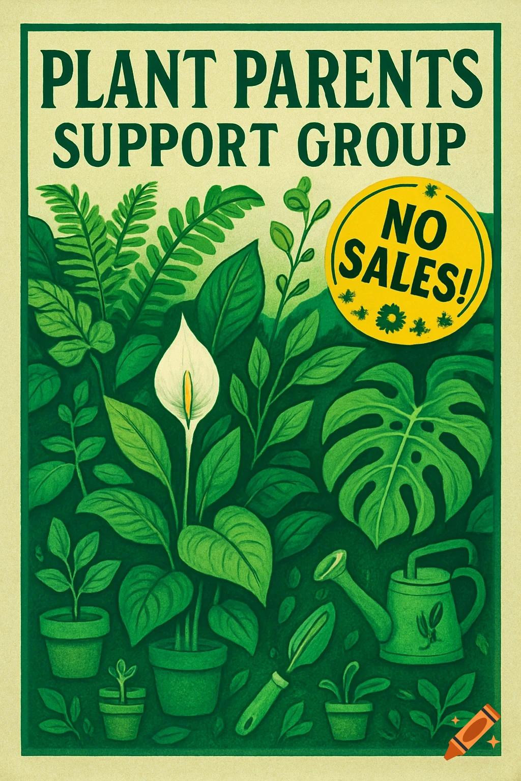 Green poster with 'Plant Parents Support Group' and 'No Sales!' text ...