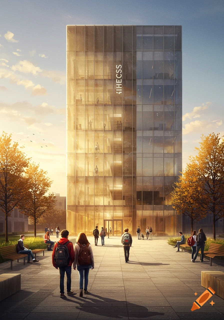 A group of students walks towards a large glass building with "IHECS ...
