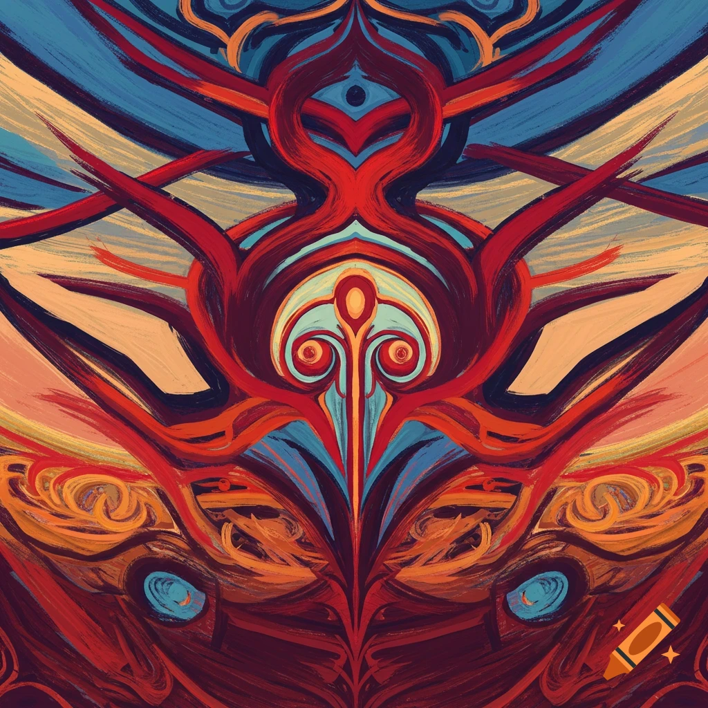 Vibrant abstract painting with symmetrical red, blue, and orange ...