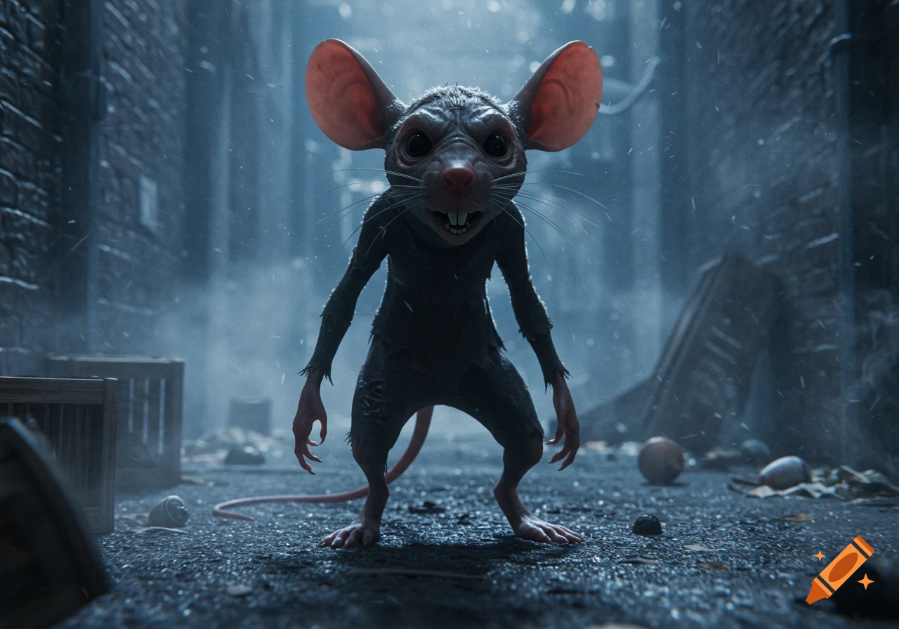 Photorealistic image of a creepy humanoid mouse with a mean face and ...