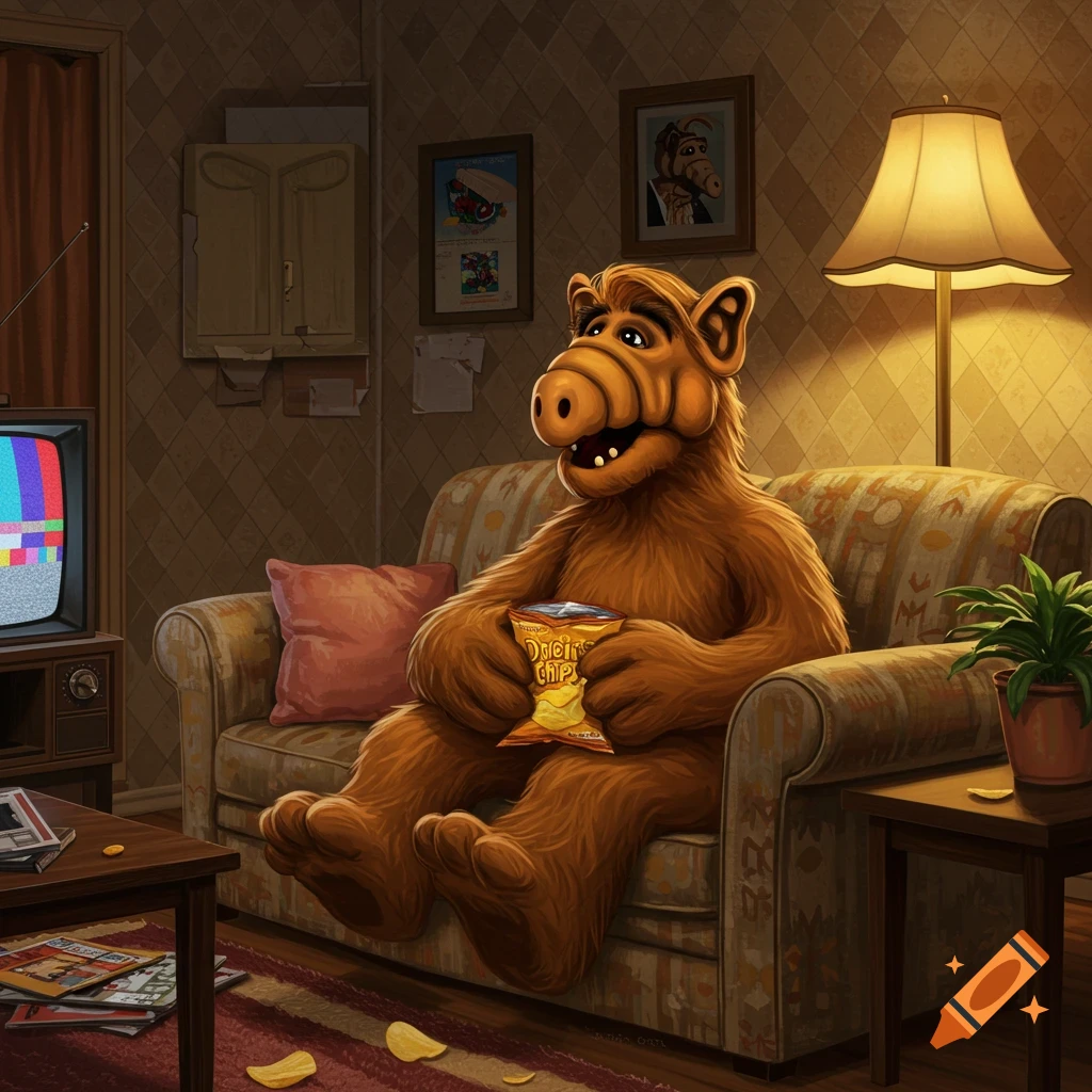 Alf, the brown furry alien, sits on a patterned couch in a dimly lit ...