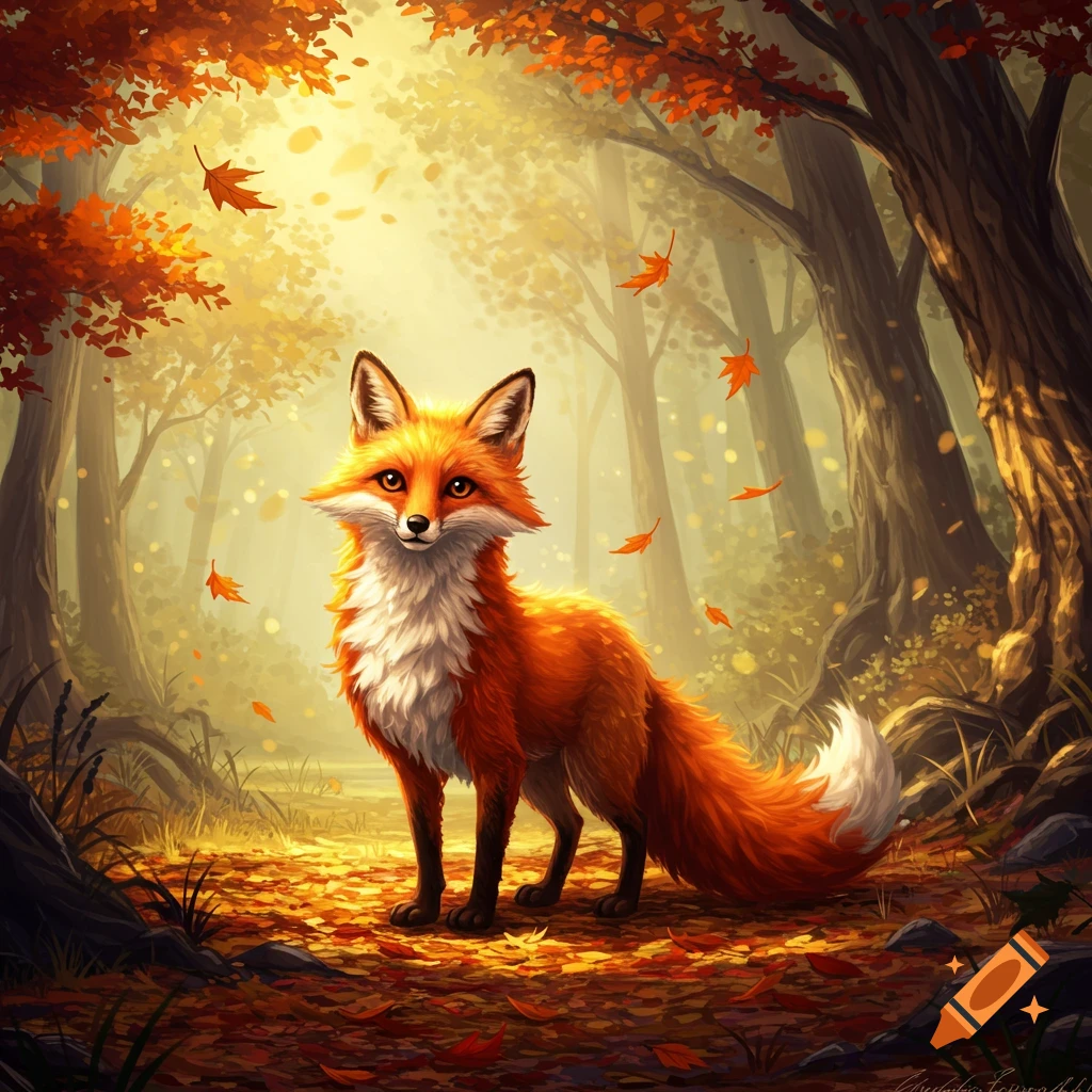 A cute orange fox with white chest fur stands among fallen autumn ...