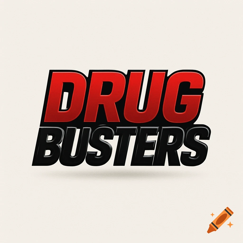 A logo with 3D red text 'DRUG' above 3D black text 'BUSTERS' on a light ...
