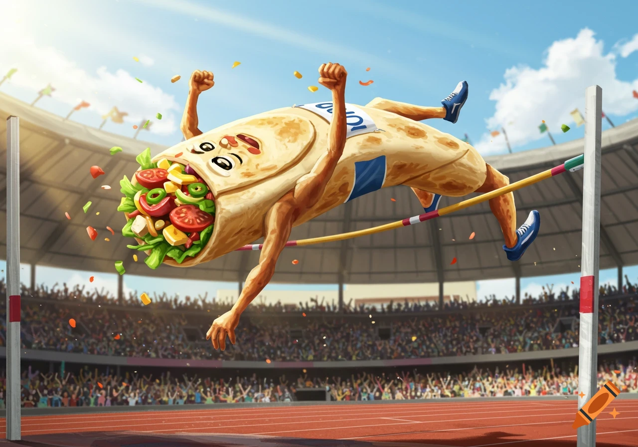 A cartoon anthropomorphic burrito with human arms and legs, wearing a ...