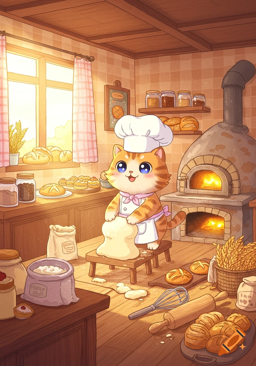 A cute cartoon cat wearing a chef hat and apron kneads dough in a ...
