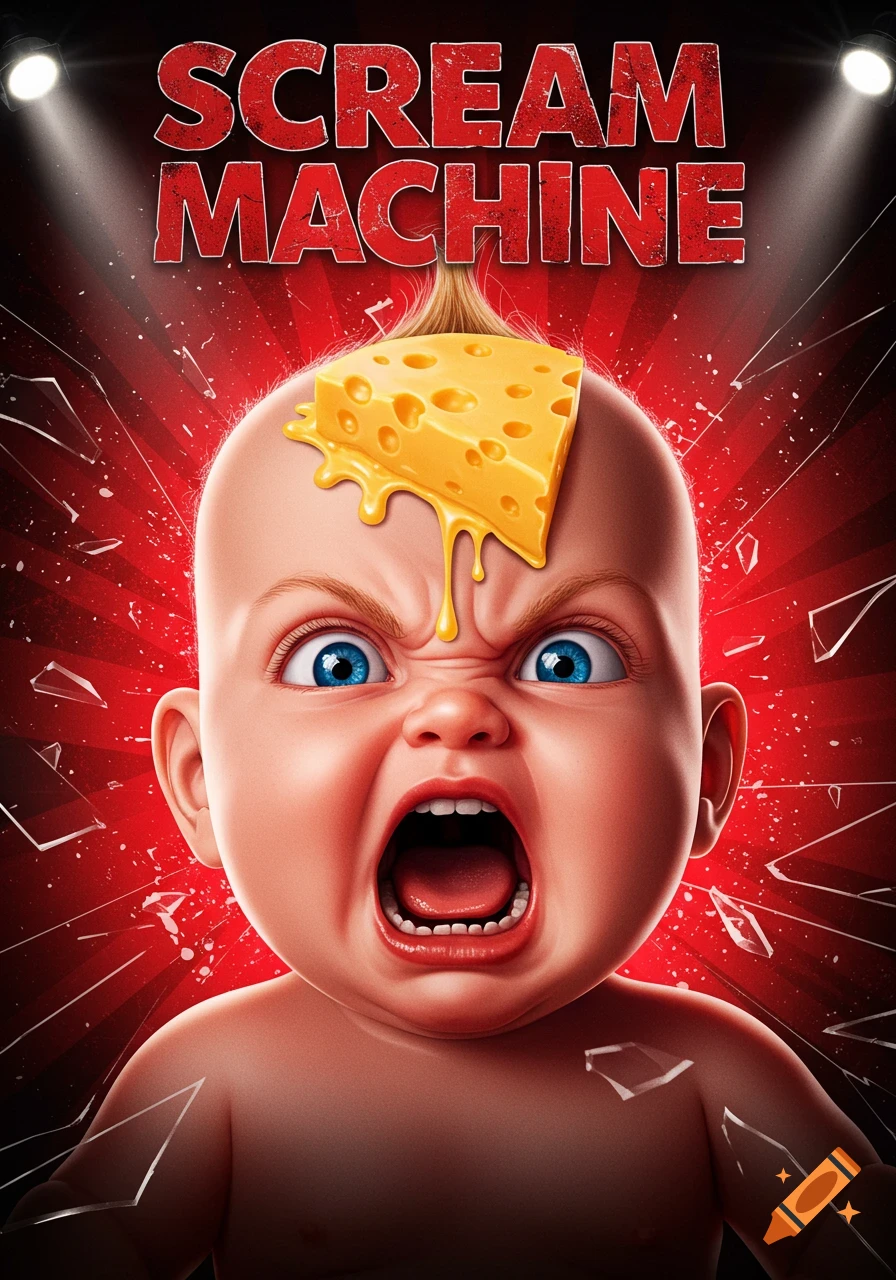 An angry, screaming baby with a melting slice of Swiss cheese on its forehead, set against a red ...