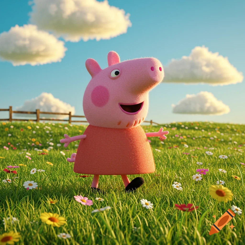 Photorealistic 3D render of Peppa Pig standing in a sunny green field ...