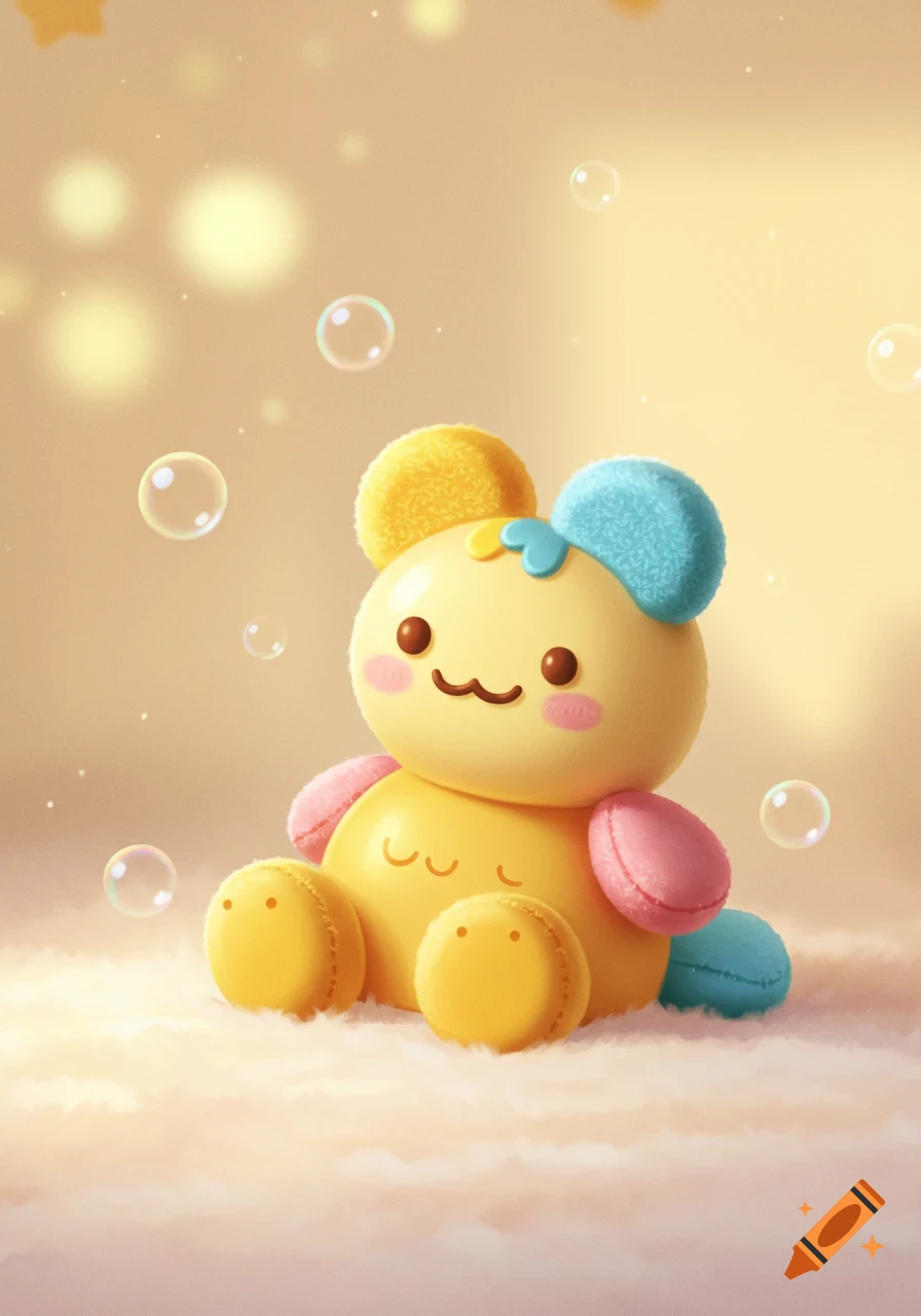 A clear bottle of yellow oil with a cute cartoon face and a mint-green ...