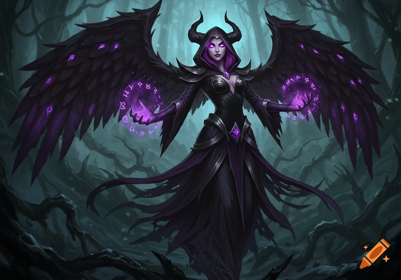 Digital painting of Morgana, a winged, horned, hooded figure in dark robes, casting purple ...