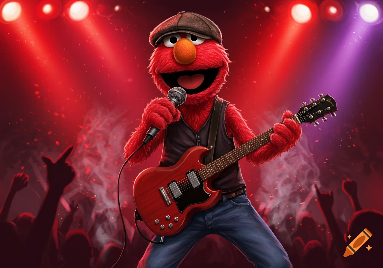 Elmo dressed like Brian Johnson of AC/DC, singing into a mic while ...