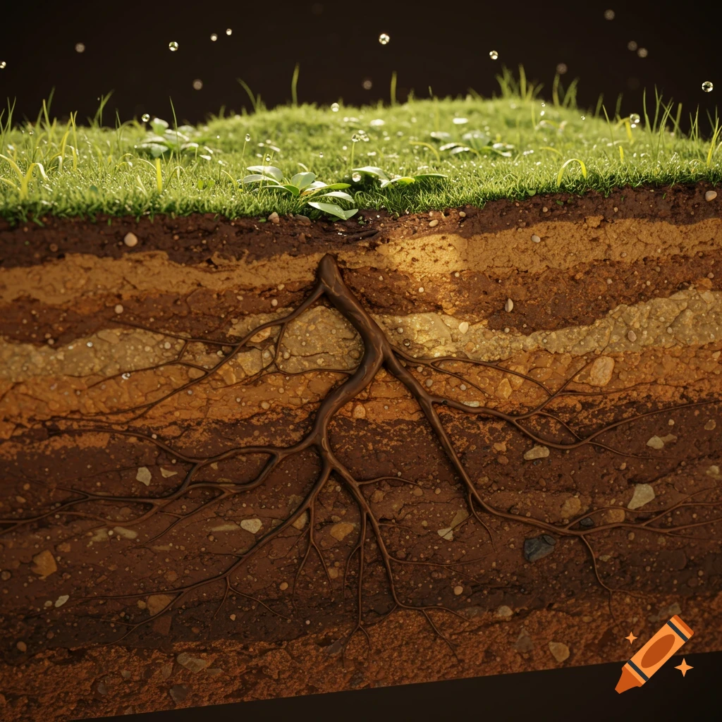 A detailed cross-section of rich soil with layers of different textures ...