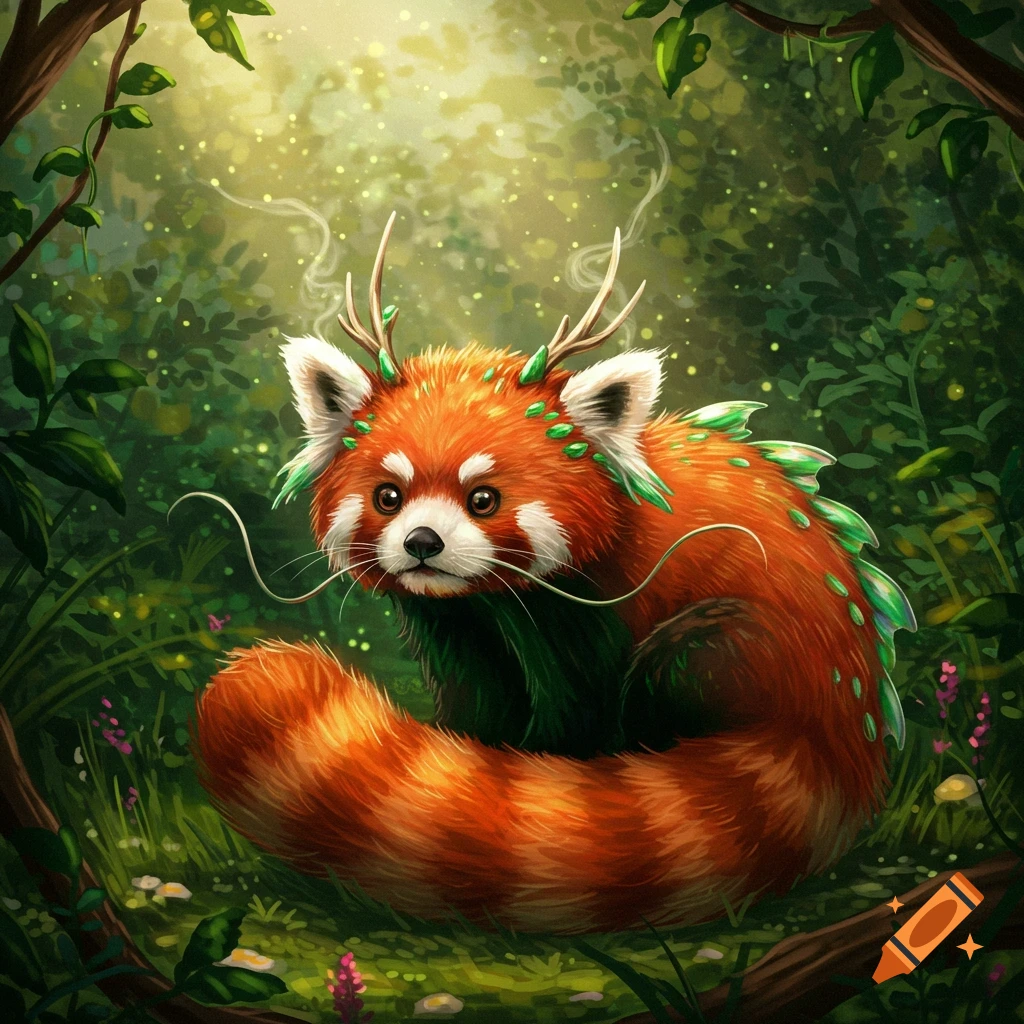 A cute red panda-dragon hybrid with antlers, green scales, and long ...